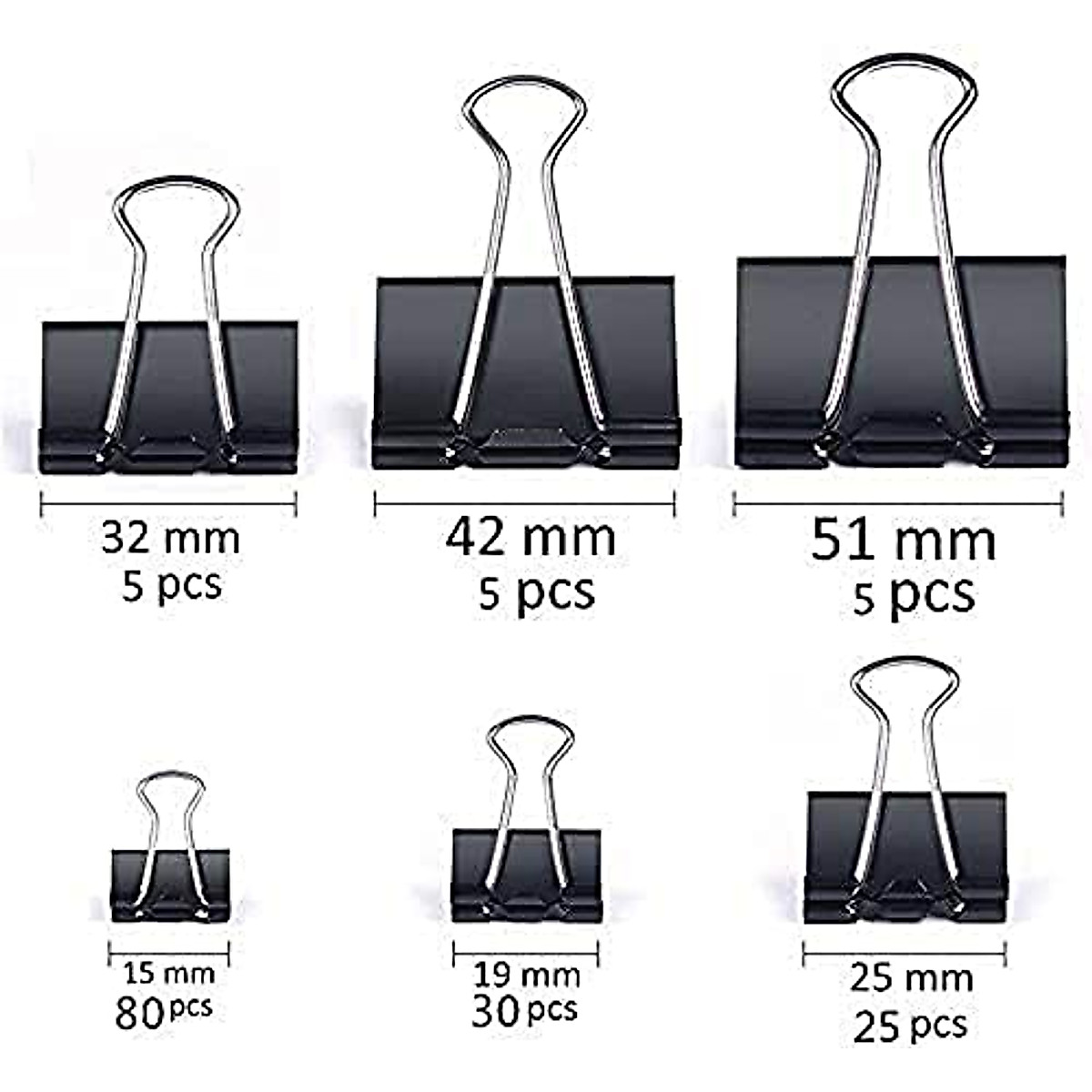 150Pcs Large Binder Clips 6 Assorted Sizes Paper Clamps Clip for Paper Metal Clip Office School Home Supplies (Black)