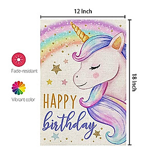 CROWNED BEAUTY Happy Birthday Garden Flag 12x18 Inch Double Sided Girl Unicorn Rainbow Outside Welcome Party Decoration Gift Yard Flag