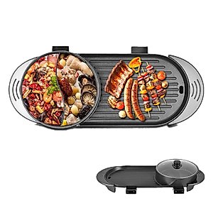 Hot Pot With Grill Electric 2 in 1 Barbecue Grill Pot Shabu Pot Non-stick BBQ Grill Dual Temperature Control Smokeless Hot Pot Grill for Simmer Boil Fry Grill