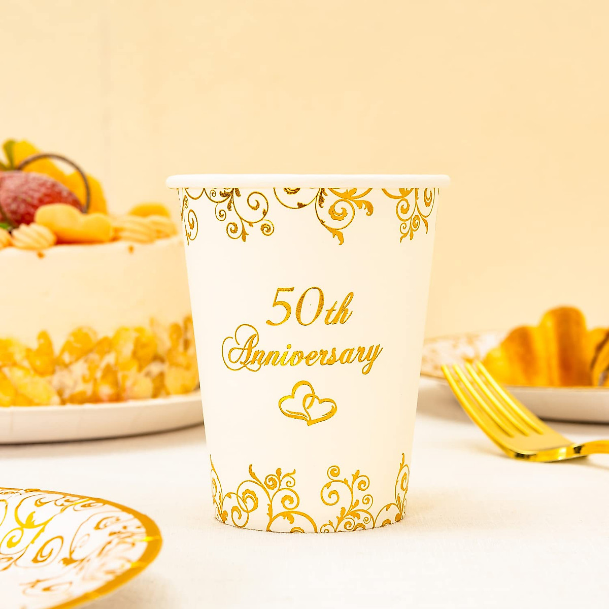 Crisky Gold Foil 50th Anniversary Napkins Plates Cups Set for 50th Anniversary Party Decorations Party Supplies Tableware, Set of 24 (9" Plates,7" Plates, Luncheon Napkins, 9oz Cups)