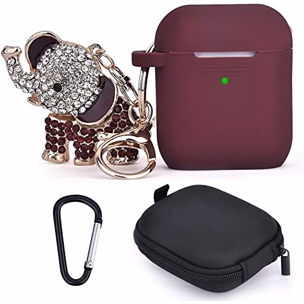 Airpods Case, TOROTOP Silicone Air pod Case Cover Cute Protective Accessories Set with Bling Elephant Keychain/Ear Hook/Storage Box Compatible for Apple Airpods 1&2 Women Girls(Burgundy)