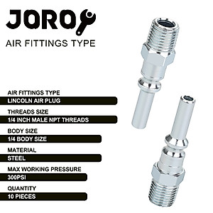JOROY Lincoln L-style Air Hose Fittings, 1/4 Inch Flow Size, 1/4 Inch Male Threads Size, Steel Material, 300PSI, 10 Pieces Air Compressor Accessories Fittings