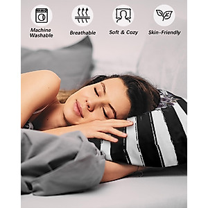 Edwiinsa Halloween Rose Pillow Covers King Standard Set of 2 Bed Pillow, Plush Soft Comfort for Hair/Skin Cooling Pillowcases with Envelop Closure 20x36 Inches Black Geometric Stripes Flower