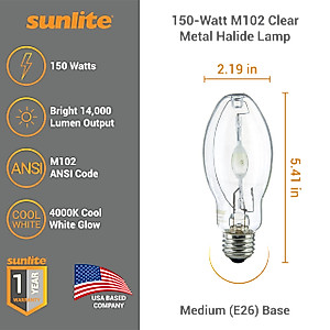 Sunlite 03650-SU MH150/U/MED M102 Metal Halide Lamp, 150 Watts, Pulse Start, Medium Base (E26), ED17, 15,000 Hours Life, 14000 Lumen, Clear Finish, 4000K