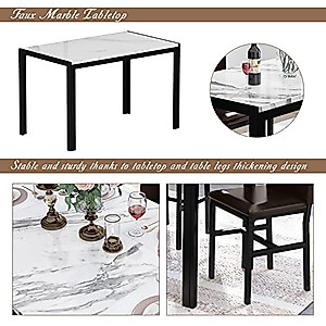 DKLGG Marble Dining Table Set for 4, 5-Piece Faux Marble Kitchen Table and Chairs for 4, Space Saving Dining Room Table Set w/4 Upholstered PU Leather Chairs, Ideal for Dining Room, Kitchen, Corner