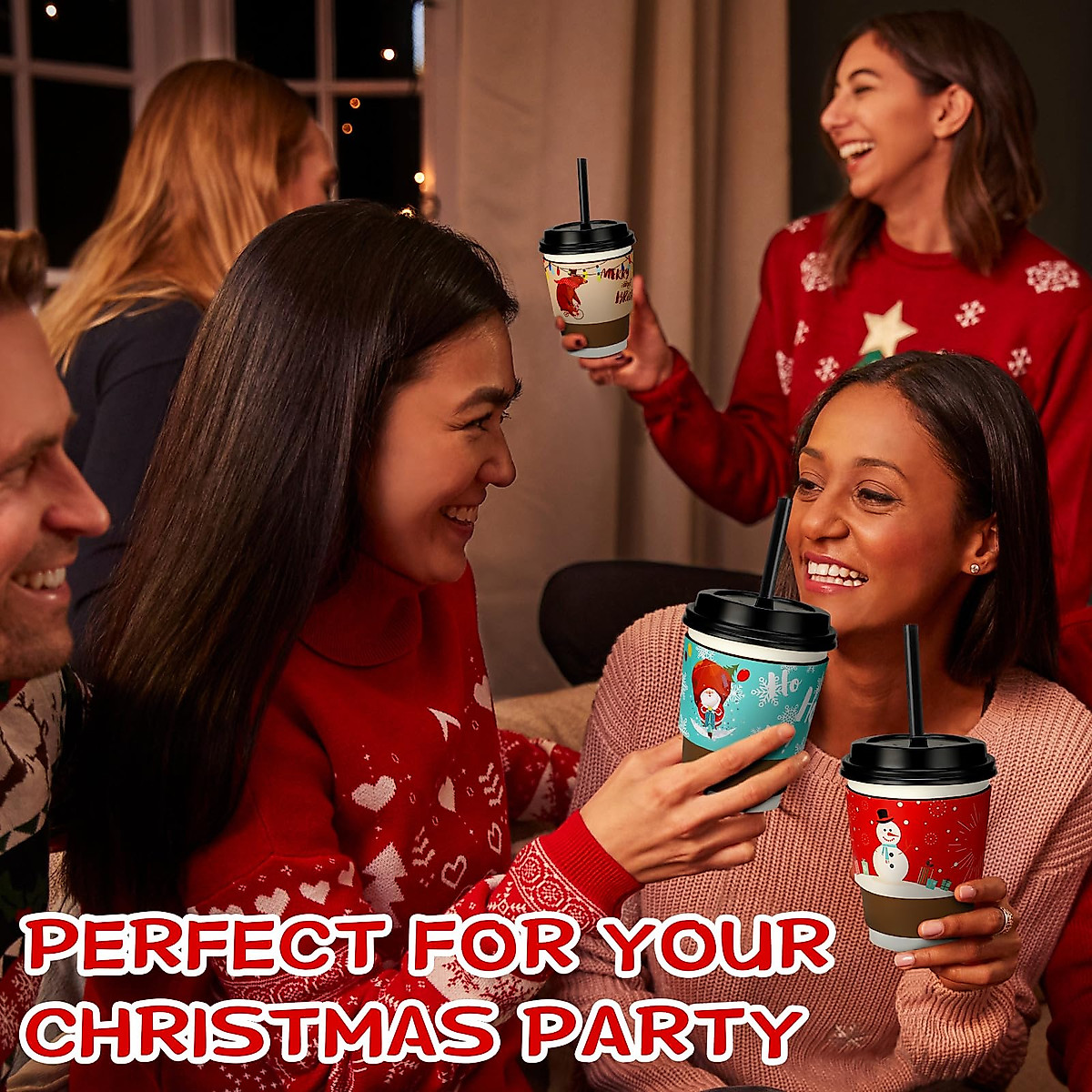 40 Pieces Christmas Coffee Cup Tea Cup Sleeves Disposable Paper Cup Sleeves with 5 Custom Xmas Designs for Christmas Hot Chocolate, Coffee, Cocoa, Tea or Cold Beverage, Fits 12 oz to 16 oz