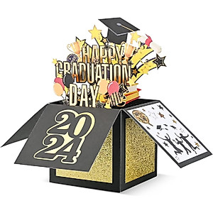 POPGIFTU 2024 Graduation Pop Up Card, Black Gold Pop Up Congrats Grad 2024 Greeting Card with Envelope, Congratulations Graduation Gifts for 2024 High School College University Graduates