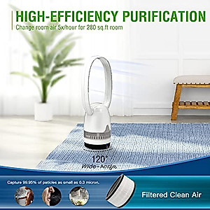 Mitcent Air Purifier Fan 26-Inch, with H12 HEPA Filter, Bladeless Tower Fan for Bedroom, Home and Office, MT1004 White