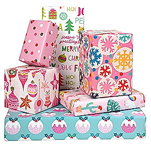 MAYPLUSS Christmas Wrapping Paper Large Sheet - Folded Flat - 6 Different Pink Design (45.2 sq. ft.ttl.) - 27.5 inch X 39.4 inch Per Sheet