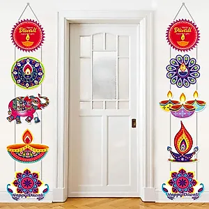 Hotop 2 Pcs Happy Diwali Porch Signs 78 x 11.4 Inch Deepavali Themed Hanging Banners Diwali Decorations for Home Festival of Lights Party Front Door Hanging Decorations for Diwali Indian Party Supply