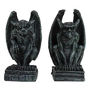 Ebros Gift Notre Dame Castle Top Guardian Mini Gargoyles Crouching On Stone Pedestals Resin Figurine Set of 2 Miniature Fairy Garden Gargoyle Sculpture Pair 2.5" Tall