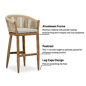 PURPLE LEAF Outdoor Bar Height Stools Set of 2 Patio Metal Modern Wicker Bar Chairs Woven Aluminum Barstools with Back and Cushions for Balcony Garden Indoor Kitchen Poolside Teak