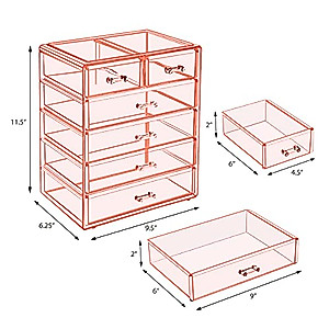 Sorbus Acrylic Clear Makeup Organizer - Big & Spacious Cosmetic Display Case - Stylish Designed Jewelry & Make Up Organizers and Storage for Vanity, Bathroom (4 Large, 2 Small Drawers) [Pink]