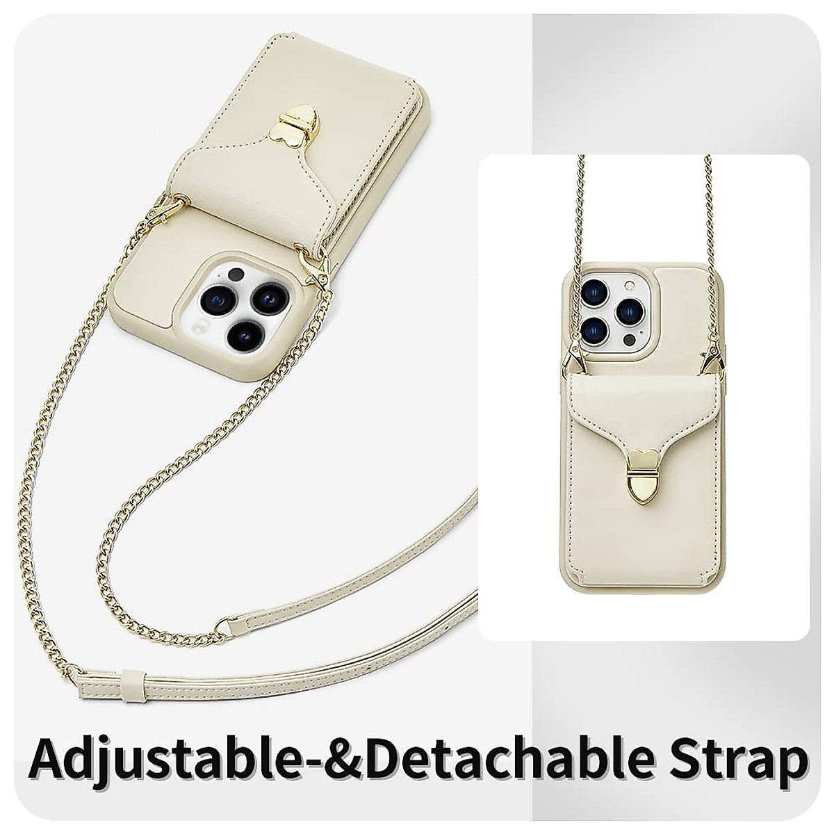 JLFCH ROMIELA for iPhone 14 Pro Max with Crossbody Chain Wrist Strap Card Holder 6.7 inch - Beige