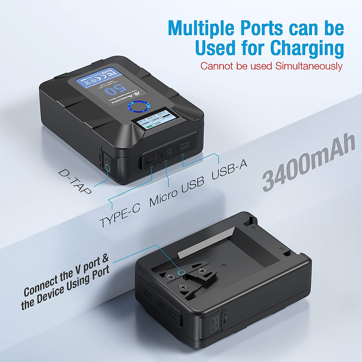 Powerextra V Mount Battery V Lock Battery 50Wh with LCD Screen D-Tap USB-A USB-C Ports Compatible with Broadcast Video Camcorder Sony HDCAM XDCAM Digital Cinema Cameras