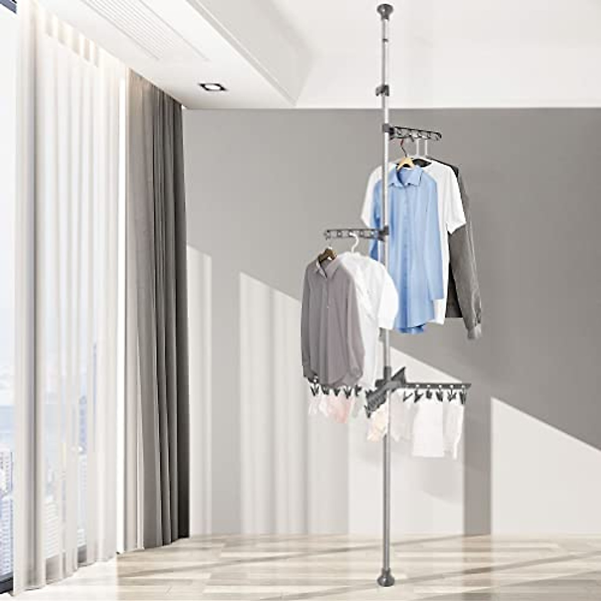 Hershii Expandable Clothes Drying Rack Laundry Pole Adjustable Vertical Garment Display Stand Coat Tree Hanger Airer Floor to Ceiling Tension Rod Storage Organizer - Grey