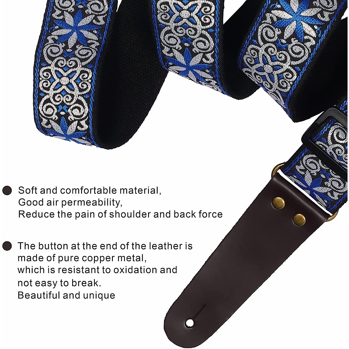 Guitar Strap, Vintage Embroidered Cotton Guitar Straps with Genuine Leather Ends for Bass, Electric & Acoustic Guitars, Come with Free Strap Button, 1 Pair Strap Locks and 4 Guitar Picks (Blue Flower)