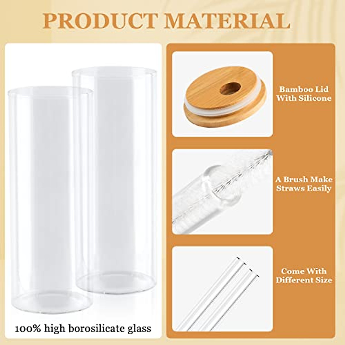 Glass Cups with Lids and Straws, 20 OZ Drinking Glasses with Bamboo Lids, Can Shaped Glass Cups, Reusable Clear Iced Coffee Cups for Smoothie, Juice, Milk, Whiskey, Soda, Tea, Water- 2 Pack