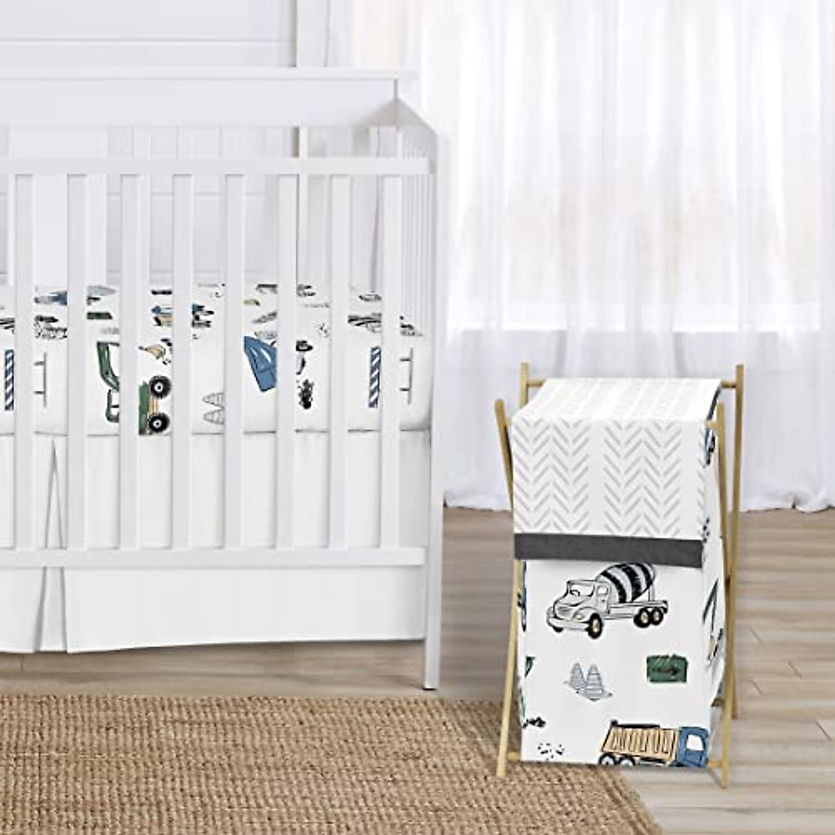 Sweet Jojo Designs Construction Truck Baby Kid Clothes Laundry Hamper - Grey Yellow Black Blue and Green Transportation Chevron Arrow