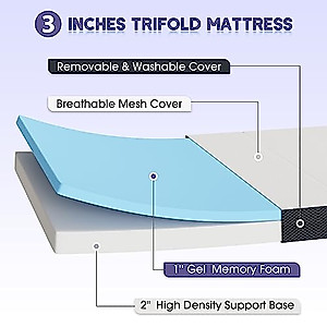 3 inch Memory Foam Tri Folding Mattress/Portable Foldable Mattress Topper with Washable Cover Non-Slip Bottom for Camping, Guest, Floor RV, CertiPUR-US Certified,Small Twin