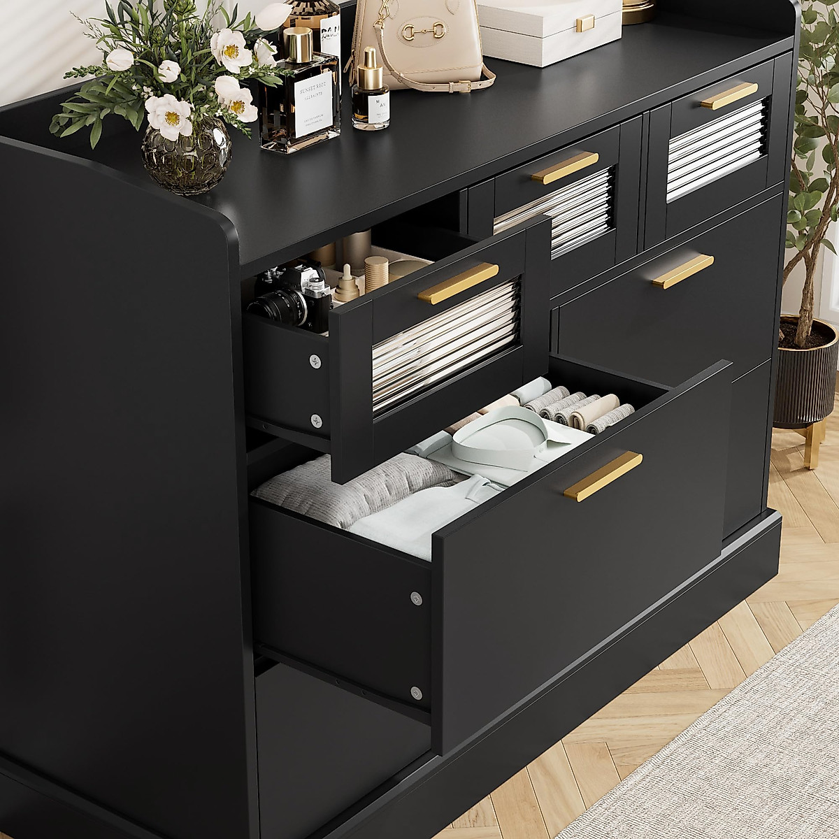 HOSTACK Modern 7 Drawer Dresser, Wide Chest of Drawers with Fence, Wood Storage Organizer with Gold Handle & Fluted Glass, Accent Storage Cabinet for Living Room, Entryway, Black