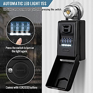 HUANLANG Key Lock Box Outdoor Light Up Lockbox 4 Digit Combination Lock Box for Door Handle Waterproof Key Safe Large Capacity Hide a Key,Security Lock Box for Realtor Home Office Garage Airbnb Gym