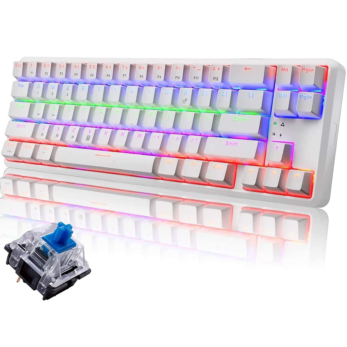 Wireless Mechanical Gaming Keyboard,60% Ultra-Compact Blue Backlit Rechargeable Bluetooth Dual Wired/Wireless Blue Switches Computer Keyboard for Multi-Device Phone Android Mobile(White Rainbow)
