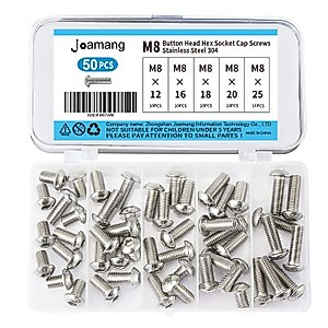 Joamang M8 x 12mm 16mm 18mm 20mm 25mm Button Head Socket Cap Screws Bolts, Stainless Steel 304, Metric Allen Hex Drive, Bright Finish, Fully Threaded, Assortment Kit 50PCS