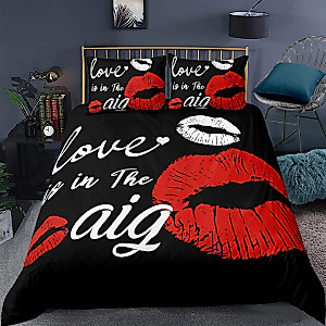 Feelyou Red Sexy Lips Duvet Cover Set Queen Size 3D Mouth Print Bedding Set Kiss Marks Comforter Cover Lipstick Trace Bedspread Cover with 2 Pillow Shams Bed Cover Zipper Chic Red Black