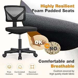 Armless Mesh Office Chair, Ergonomic Computer Desk Chair, No Armrest Small Mid Back Executive Task Chair with Lumbar Support and Swivel Rolling for Small Spaces, Black