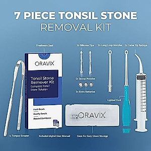 ORAVIX Tonsil Stone Removal Kit - Tonsil Stone Remover - Fast Painless Tonsillolith Remover Tool - Tonsil Cleaner - Fight Bad Breath - Tonsil Stone Removal - Oral Irrigator - Tongue Scraper - 7 Pieces