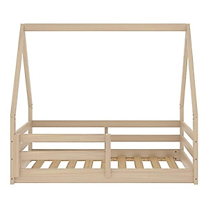 From the Tree Furniture Toddler Size Floor Bed for Girls and Boys, Solid Wood House Roof Bed, Montessori Low Floor Bed with Fence and Slat Support (Natural)