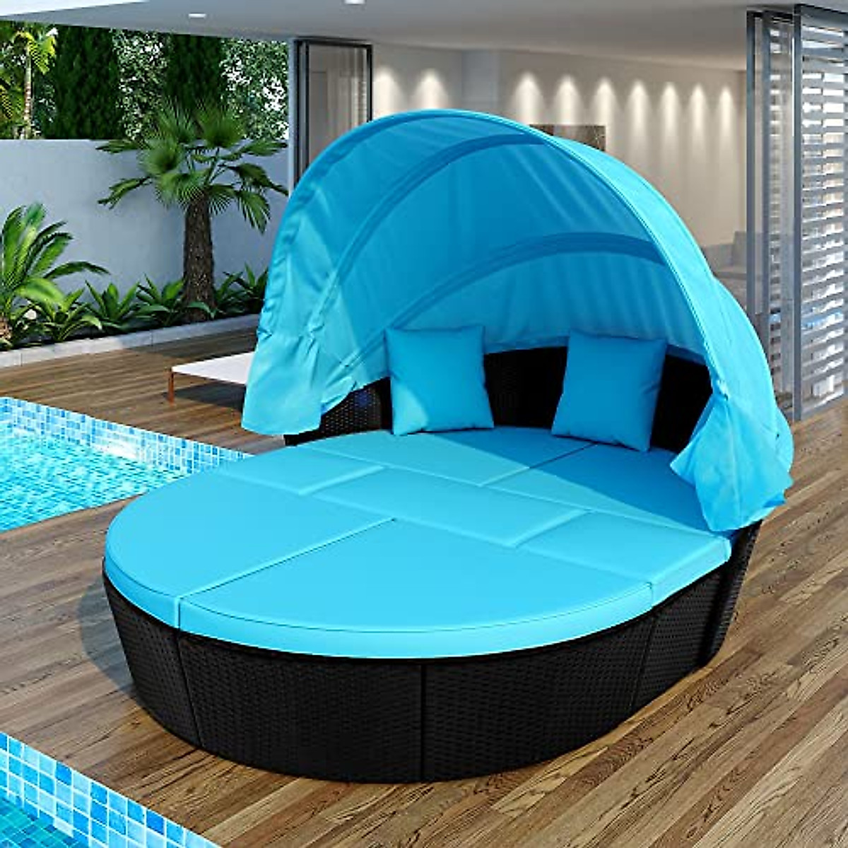 Outdoor Rattan Lounge Chair with Retractable Rattan Furniture, Round Outdoor Sectional Sofa Set, Black Rattan Furniture Flip Seat with Washable Cushions, Backyard, Porch