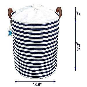 Casaphoria Drawstring Laundry Basket Freestanding with Lid,Lightweight Collapsible Waterproof Canvas Storage Bag with Handle for Livingroom Organizer,Dirty Clothes Hamper for Bedroom,48L Navy Stripe