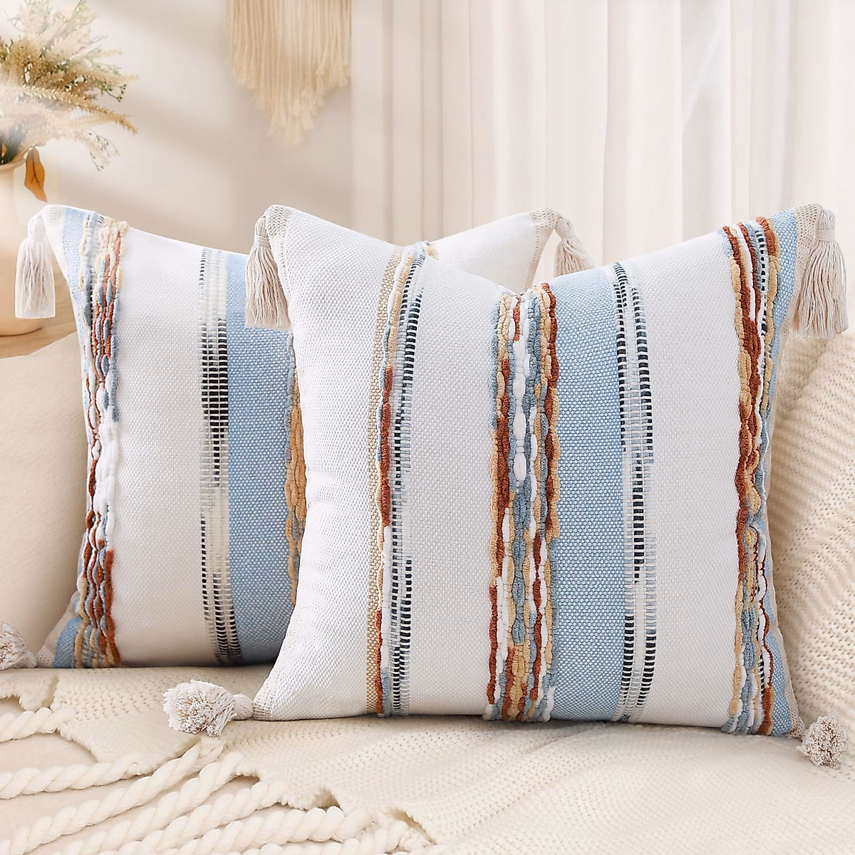 decorUhome Boho Decorative Throw Pillow Covers 18x18 Set of 2, Striped Chenille Tufted Pillow Covers with Tassels for Couch Bed Sofa, Cream White and Light Blue