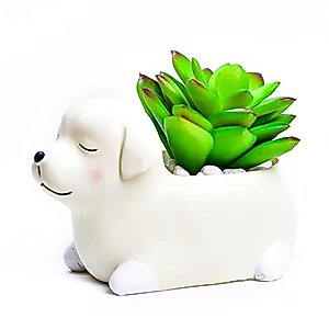 Cute Labrador Retriever Flower Pot with Drainer Garden Flower Pot Resin Succulent Potted Bonsai Plant Stand Home Desk Mini Decoration Balcony Gardening Flower Pot Does Not Contain Plants
