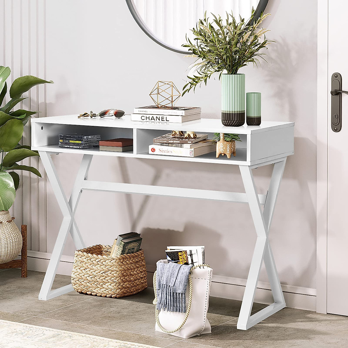 Tangkula White Desk with Storage, Makeup Vanity Table for Bedroom, Multifunctional Study Table with 2 Storage Compartments, Writing Desk for Home Office