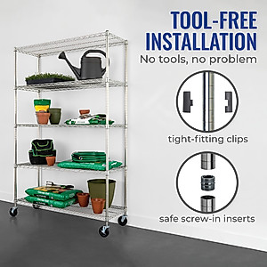 SafeRacks - NSF Certified Storage Shelves, Zinc, Heavy Duty Steel Wire Unit with Wheels and Adjustable Feet, Garage or Bakers Rack, Kitchen, Pantry Shelf - (18"x48"x72" 5-Tier) (Silver)