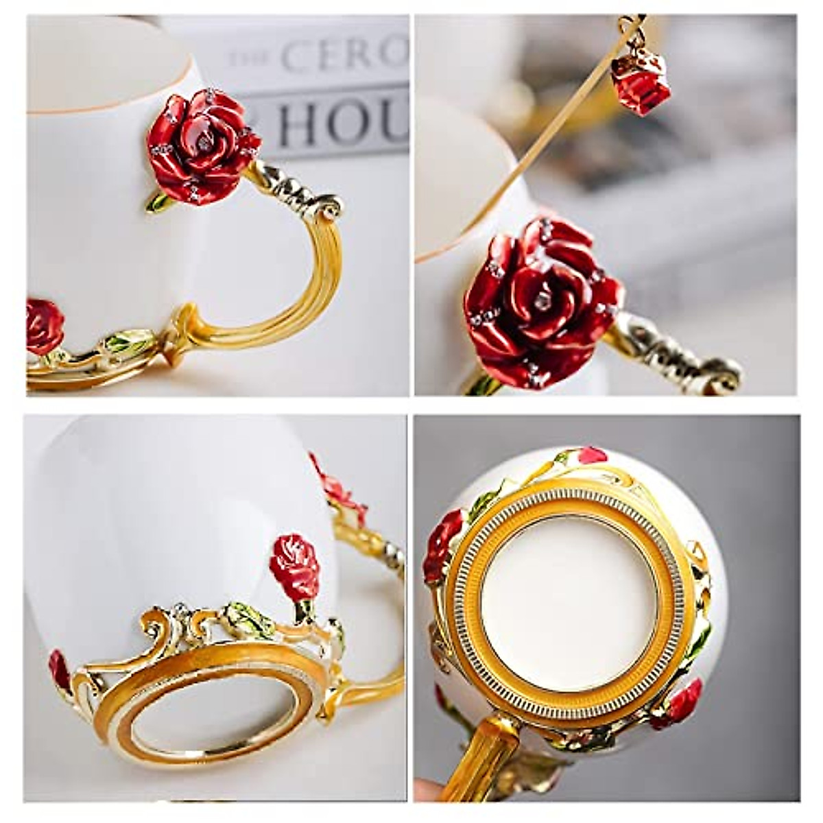 Ceramic Coffee Cup, 3D Flower Cup Tea Mug with Spoon,Enamel Rose Flower Mugs for Women ,Birthday Christmas Gifts