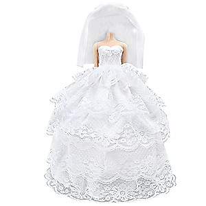 E-TING Handmade Wedding Evening Party Dress Clothes Gown Veil for Girl Dolls (White)
