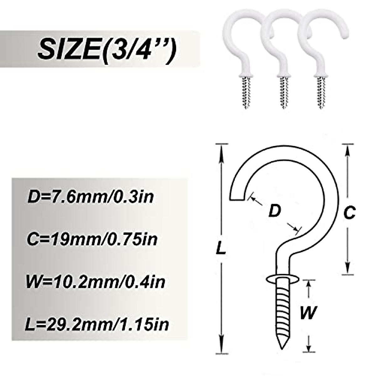 smseace 100pcs 3/4Inch White Ceiling Hooks Vinyl Coated Screw-in Hooks for Decorating Christmas Lights Hanger Hooks Outdoor Wire and Fairy Lights D-007-3/4
