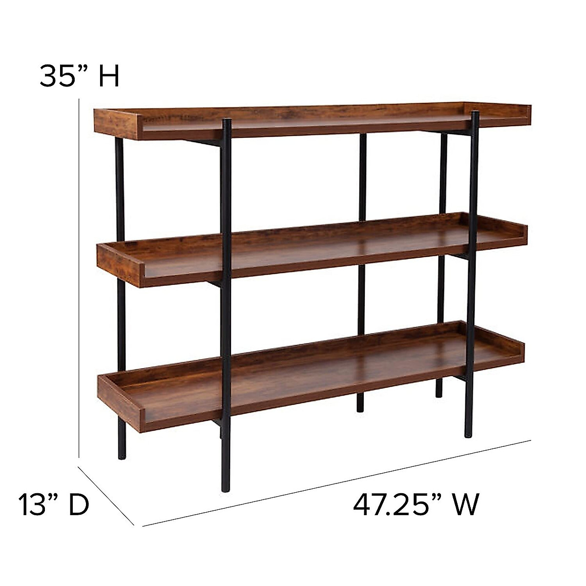 Flash Furniture Mayfair 3 Shelf 35"H Storage Display Unit Bookcase with Black Metal Frame in Rustic Wood Grain Finish