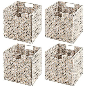 mDesign Natural Woven Hyacinth Cube Storage Bin Basket Organizer with Handles for Kitchen Pantry, Cabinet, Cupboard, Shelf/Cubby Organization, Hold Food, Drinks, Snacks, Appliances, 4 Pack, White Wash