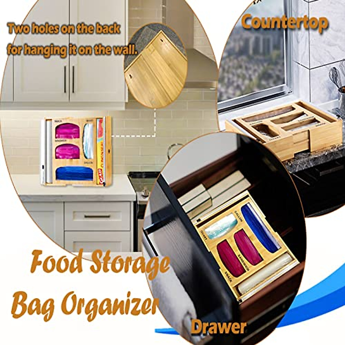 Bamboo 6 In 1 Foil and Plastic Wrap Organizer, Ziplock Bag Organizer/Holder Wrap Dispenser With Slide Cutter, for kitchen Drawer or House Wall Use, for Gallon,Quart,Sandwich Bag etc.