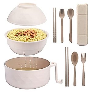 LVOERTUIG Microwave Ramen Cooker,Ramen Bowl Set, Ramen Bowl with Lid, 2Pairs Chopsticks, 2 Spoons and 2 Forks, Rapid and Quick Ramen Cooker with Handles, Dishwasher-Safe Kitchen Tool(Beige)