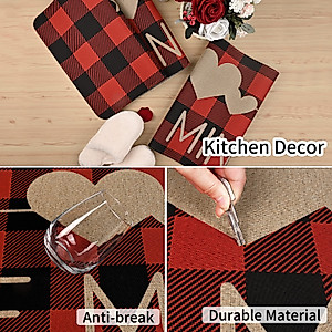 ASPMIZ 2 Pcs Valentine's Day Kitchen Rugs, Buffalo Plaid Area Rug Set of 2, Non-Slip Heart Floor Mat for Bathroom, Water Absorbent Door Mat with Anti-Slip Rubber Backing, 17'' x 47'' + 17'' x 30''