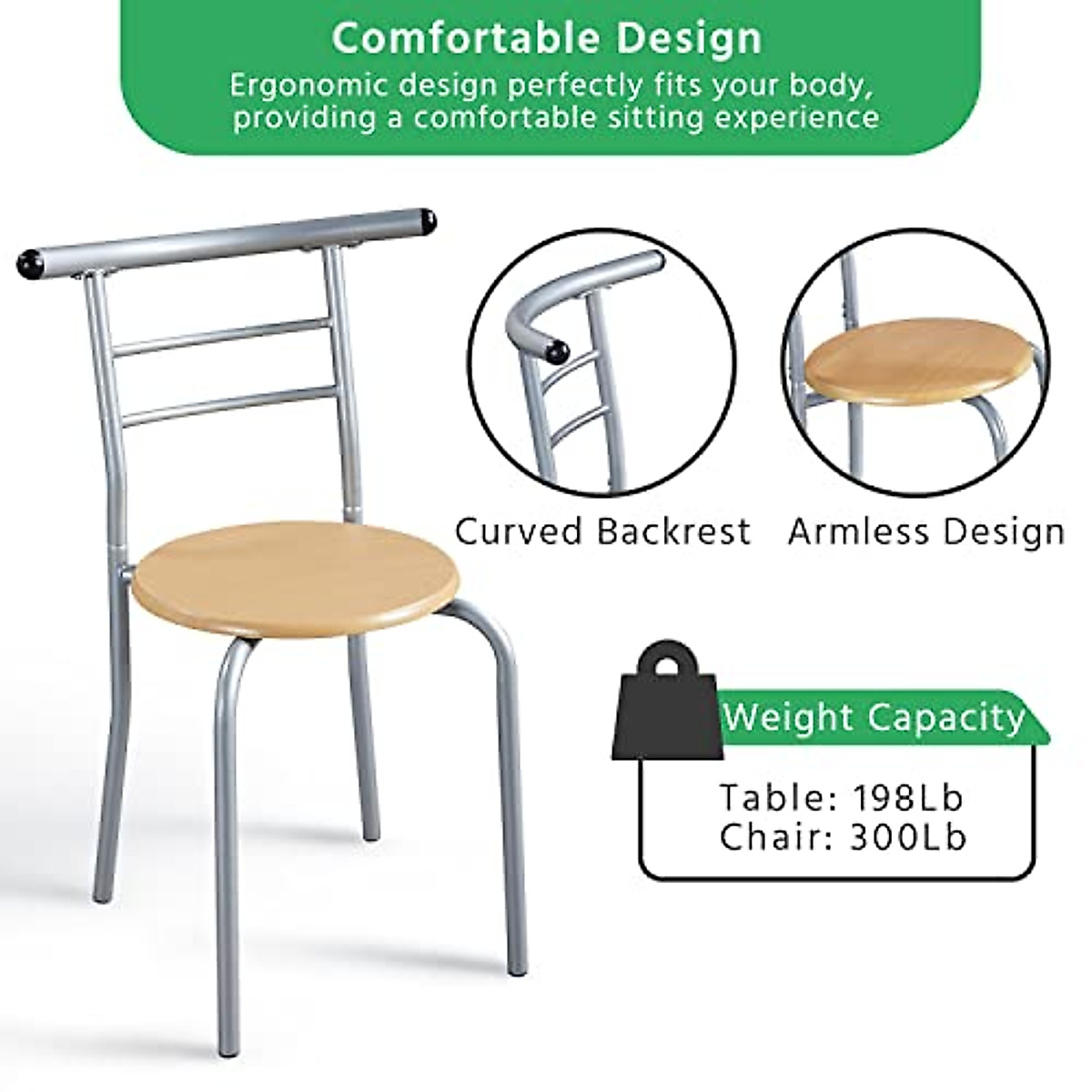 Yaheetech 3 Piece Round Dining Table Set Kitchen Breakfast Table Set for 2 Dining Table with 2 Chairs Space Saving Table Set w/Metal Frame, Wine Rack for Small Space/Dining Room/Apartment, Natural