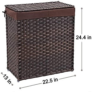 Divided Double Laundry Hamper with Lid, Synthetic Rattan Handwoven Clothes Hamper with Lid and Handles, Foldable, Removable Liner Bag, Brown