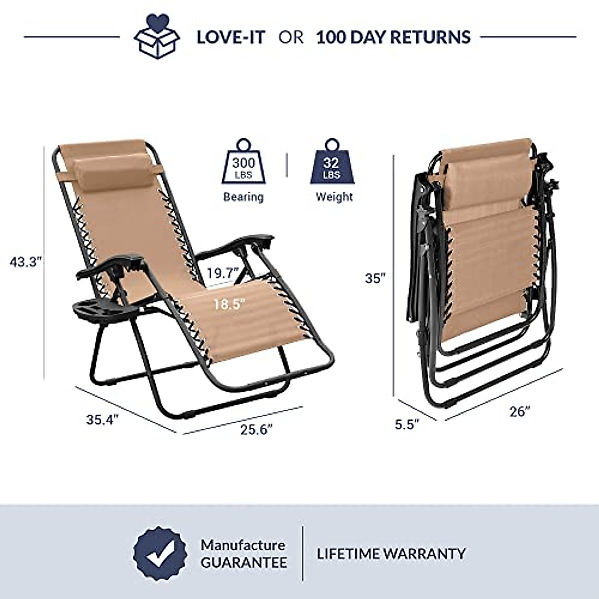 BELLEZE Zero Gravity Chairs Set of 2, Outdoor Adjustable Folding Lawn Chairs Recliner Chairs with Cup Holder Pillow, Lounge Chairs for Patio Camping Garden Beach Pool Side Deck, Beige