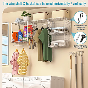 ThreeHio 3 Pack Laundry Room Shelves Wall Mounted with Wire Storage Baskets, Over Washer and Dryer shelves with Hanging Rods and Hooks, Wire Wall Shelves Baskets for Laundry Organization and Storage